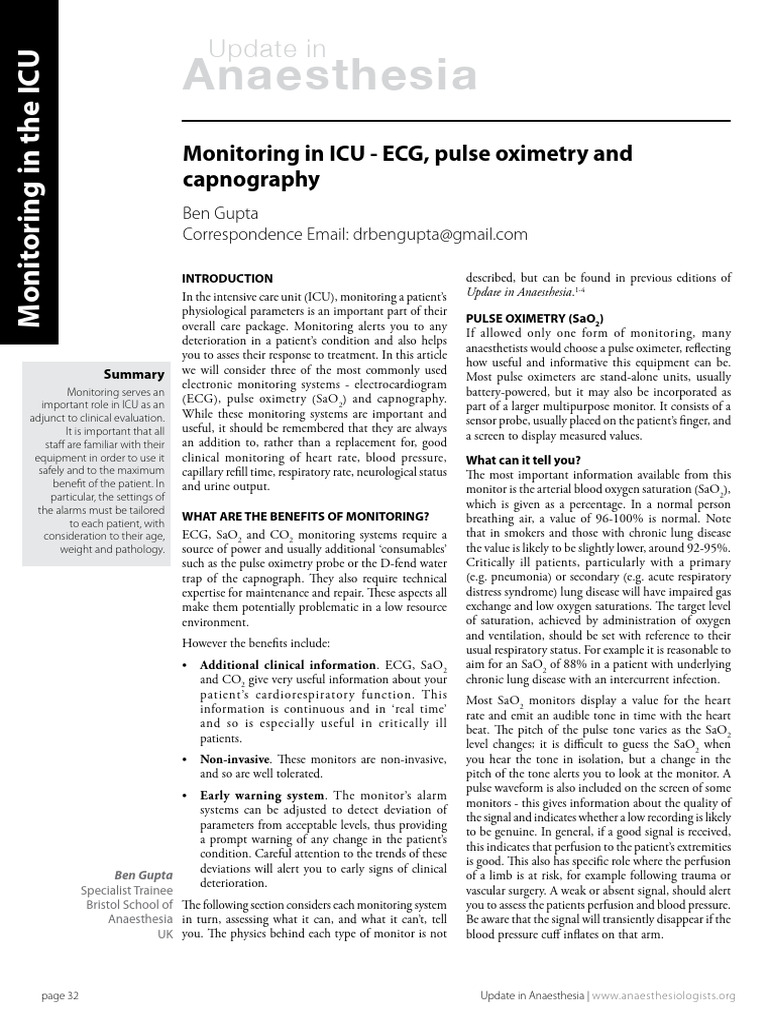 Uia28 Monitoring in ICU ECG Pulse Oximetry and Capnography | PDF