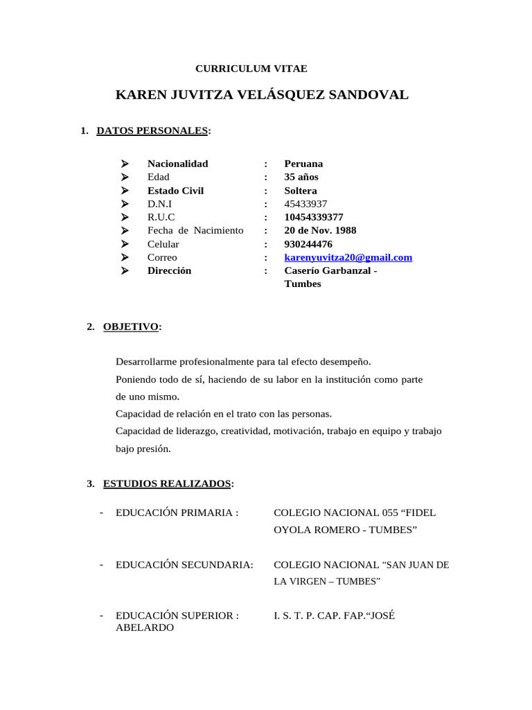 Curriculum Vitae Karen Velasquez 2023 Actualizado Noviembre 2023 | PDF | Perú