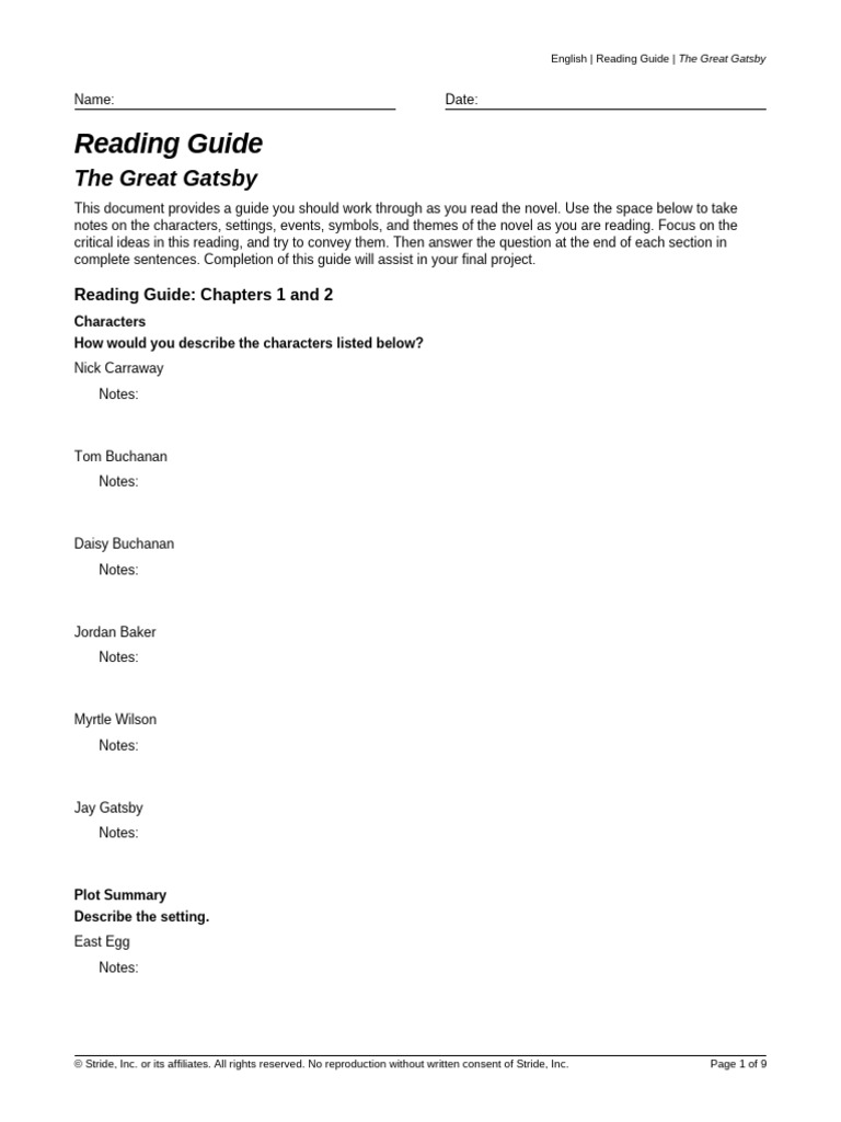 Great Gatsby Reading Guide Answers | PDF | The Great Gatsby | Novels
