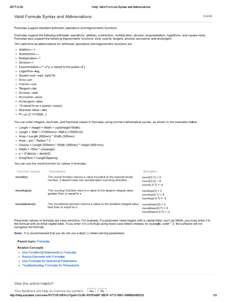 Revit 2016 Help Valid Formula Syntax And Abbreviations Pdf