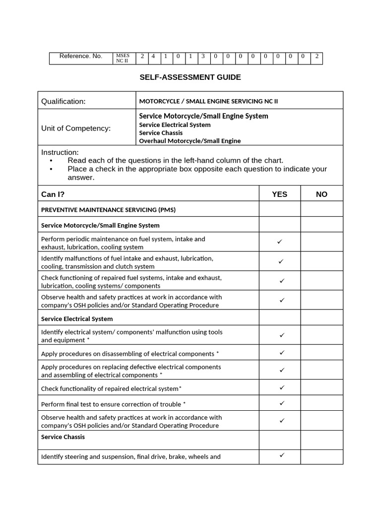 Self Assessment Guide | PDF | Engines | Automotive Industry
