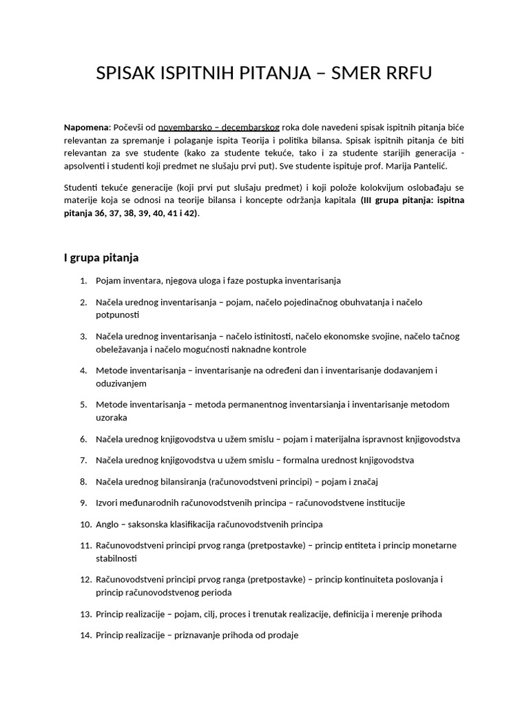 Spisak Ispitnih Pitanja Teorija I Politika Bilansa Smer RRFU1 | PDF