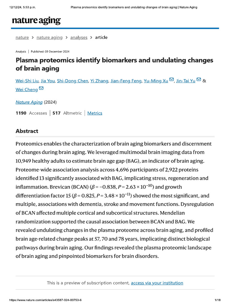 Plasma Proteomics Identify Biomarkers and Undulating Changes of Brain Aging | PDF