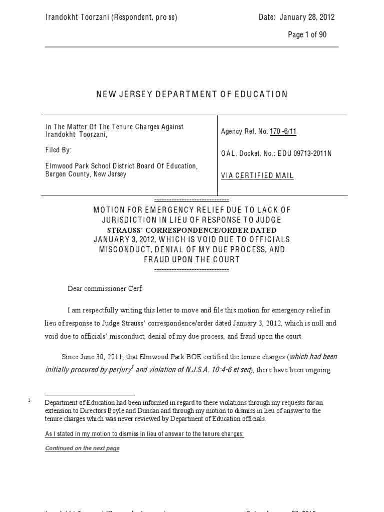 Elmwood Park BOE & Tomko (MOTION FOR EMERGENCY RELIEF Due To Fraud ...