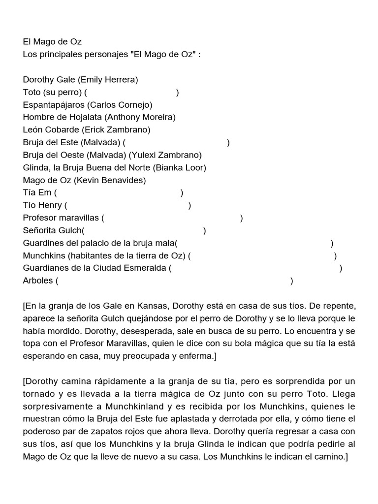 Guión Mago de Oz | PDF | Dorothy Gale | Wizard Of Oz (Personaje)