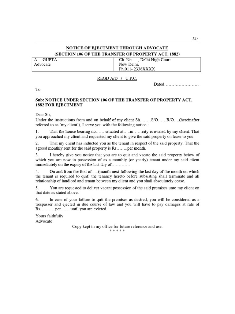 Notice of Ejectment Under TPA Section 106 | PDF