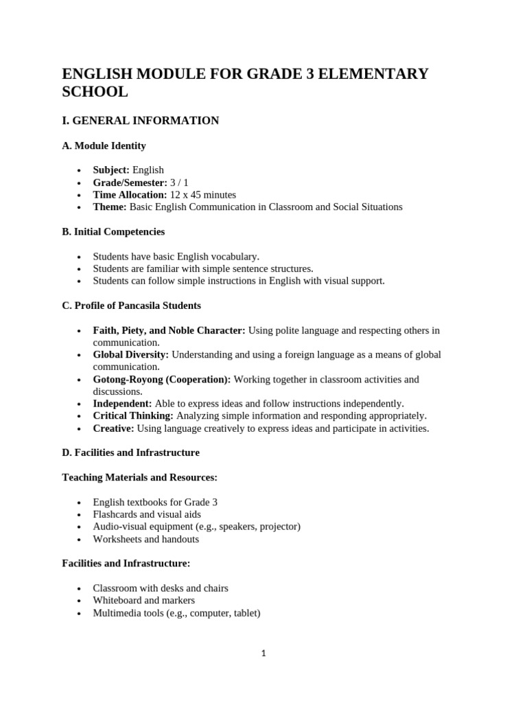 Modul Ajar Bhs. Inggris Kls 3 Dan 4 | PDF | Reading Comprehension ...