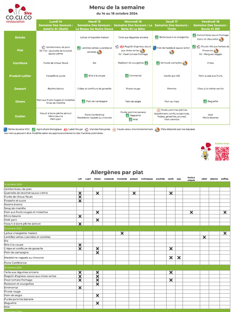 Menus Des Elementaires Du 14 Au 18 Octobre Semaine Des Saveurs | PDF