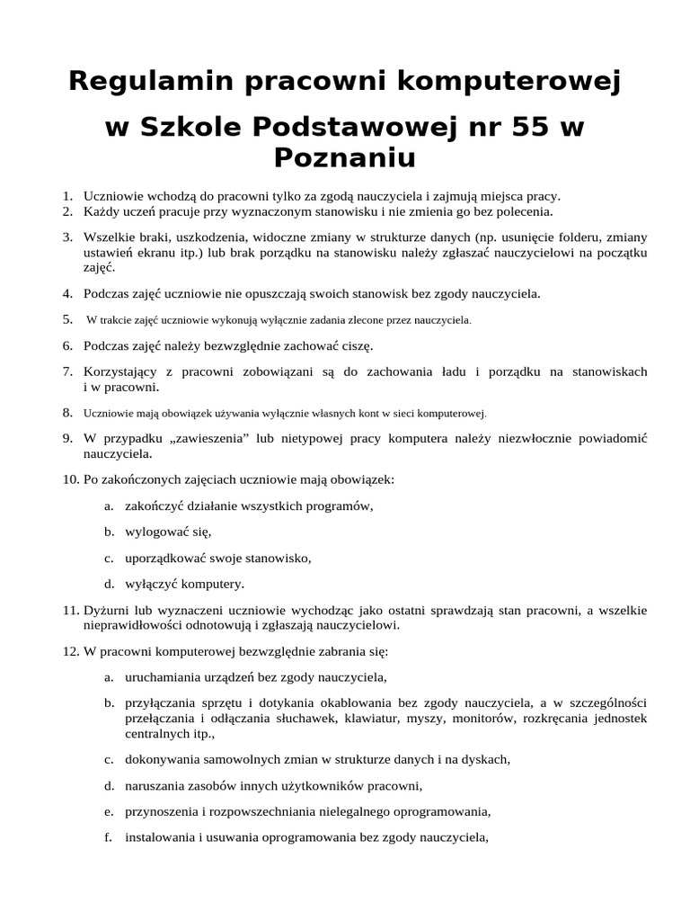 Regulamin Pracowni Komputerowej | PDF