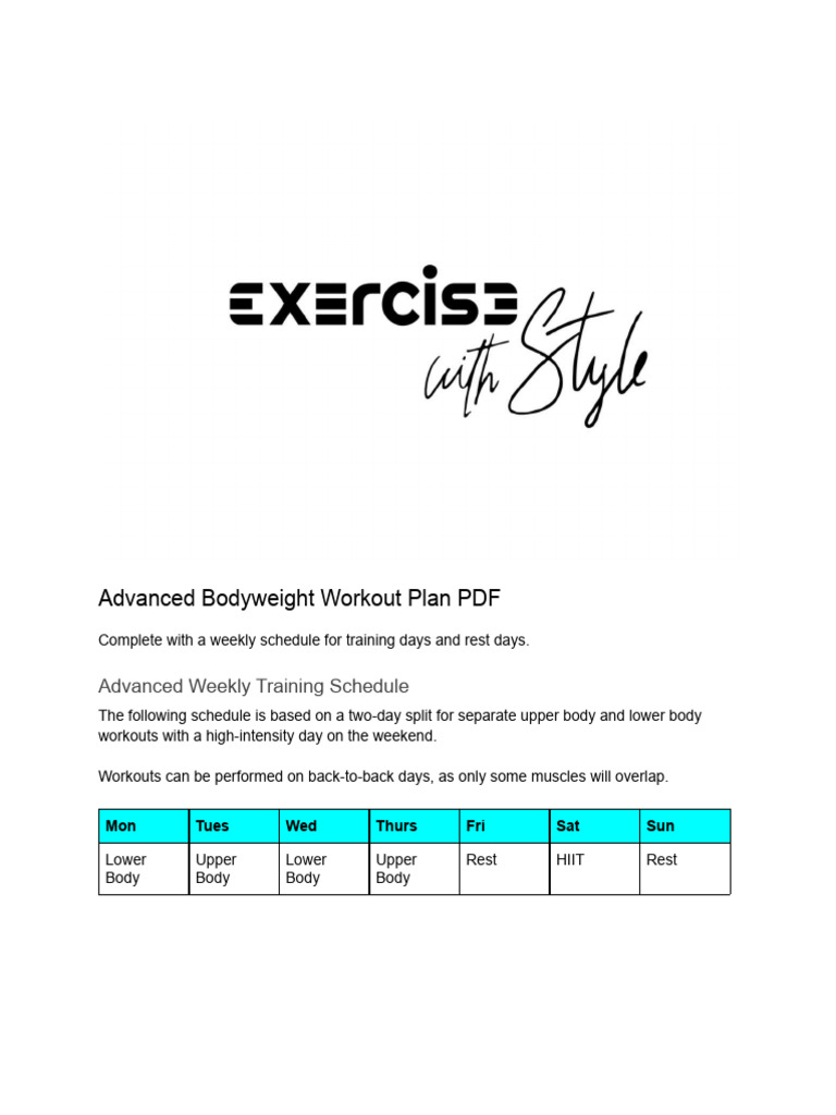 Advanced Bodyweight Workout Plan PDF | PDF | Strength Training | Sports ...