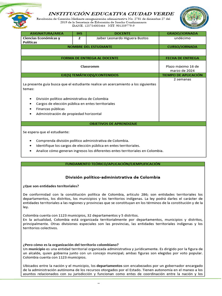 Guia No. 1 Ciencias Econ Micas Und Cimo 2024 | PDF | Gobierno