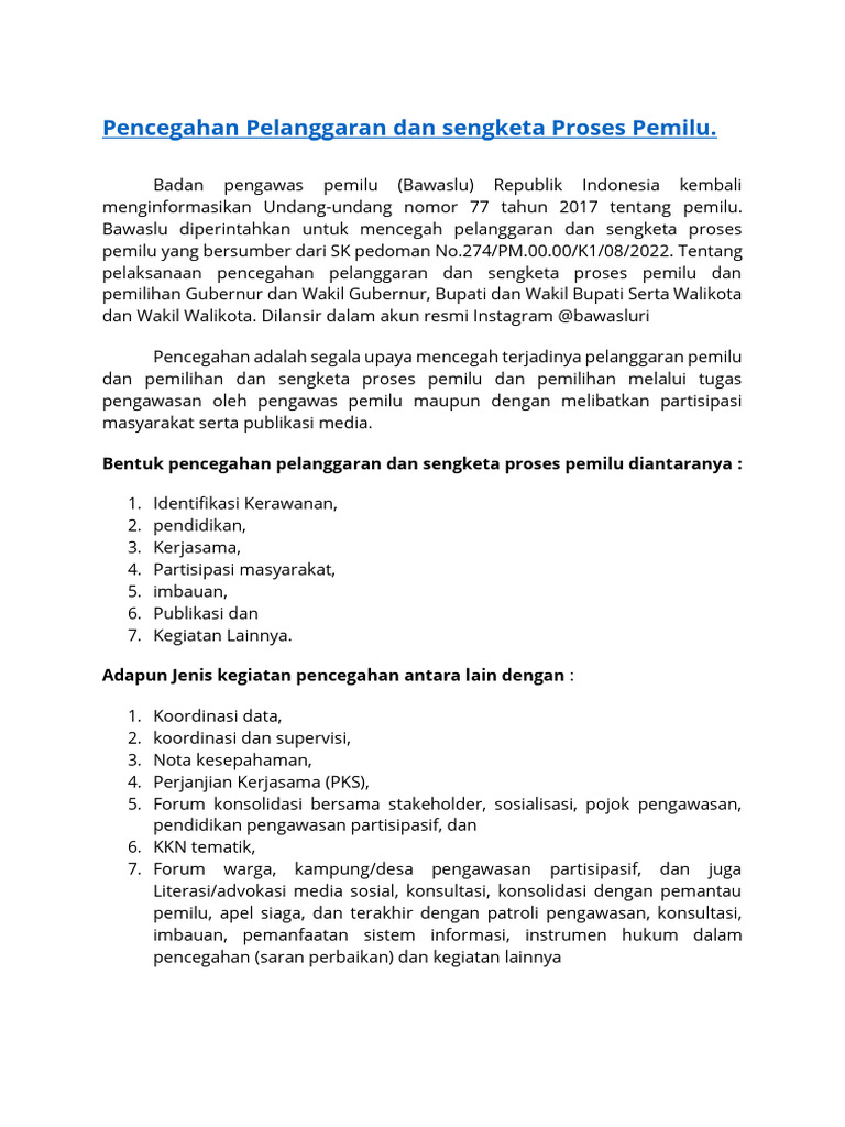 Pencegahan Pelanggaran Dan Sengketa Proses Pemilu | PDF