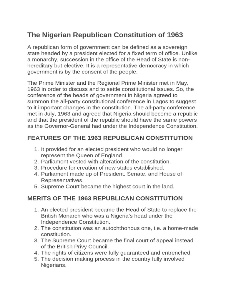 Features of Nigeria's 1963 Constitution | PDF