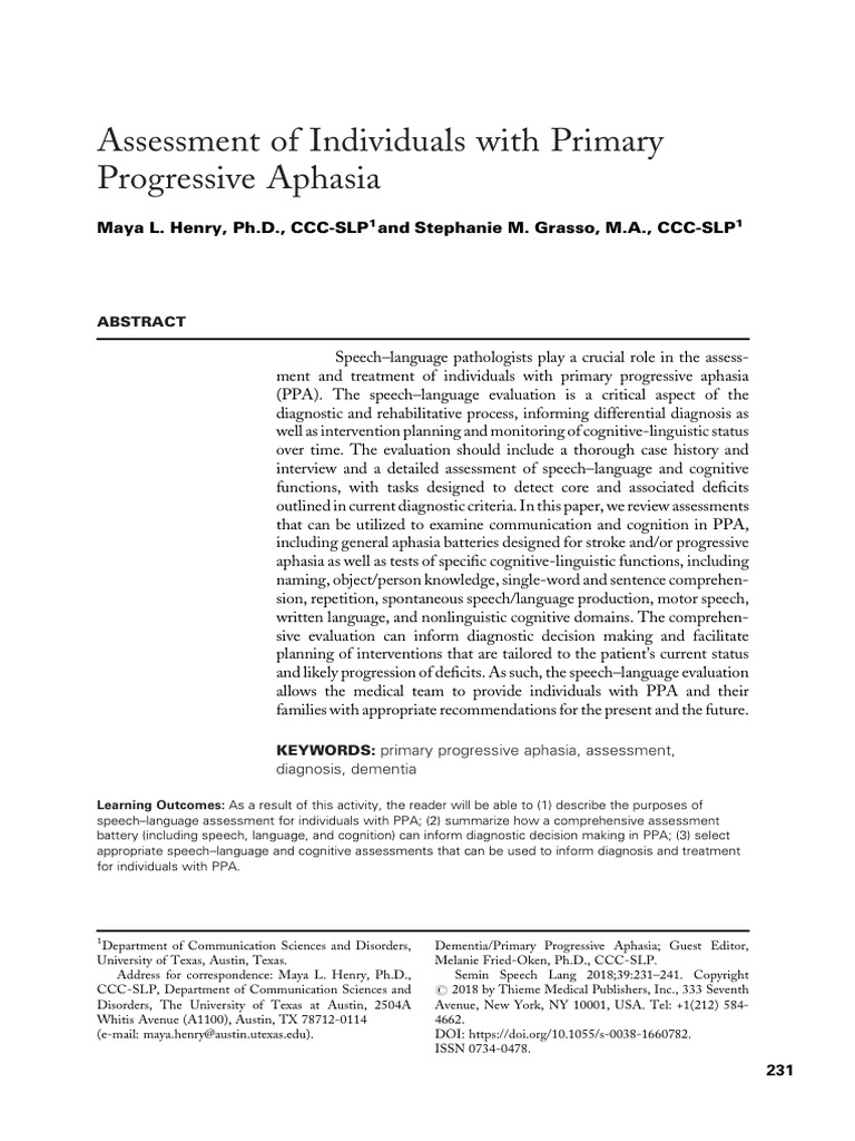 Assessment of Individuals With Primary Progressive Aphasia | PDF ...