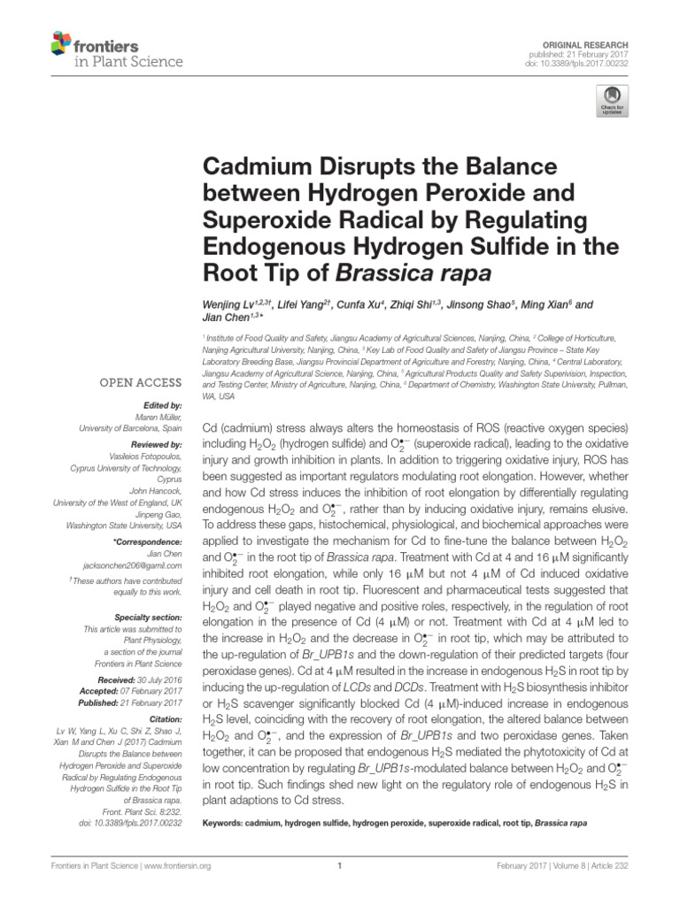 Cadmium Disrupts the Balance between Hydrogen Peroxide and Superoxide ... Cadmium Disrupts the Balance between Hydrogen Peroxide and Superoxide ...