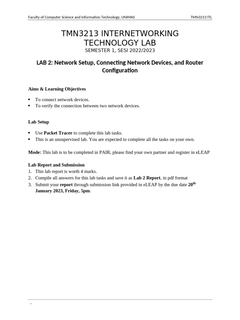 TMN3213 ITL - Lab 2 - Network Setup, Connecting Network Devices, and Router Configuration | PDF ...