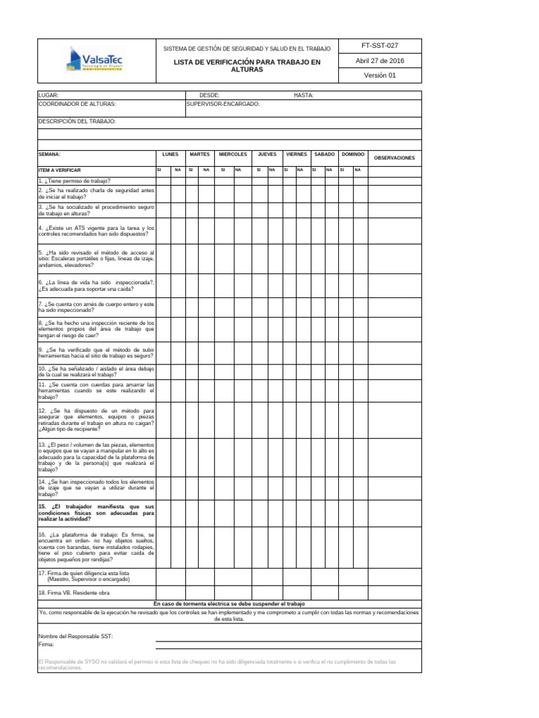 FT-SST-027 Formato Lista de Verificación para Trabajo en Alturas | PDF