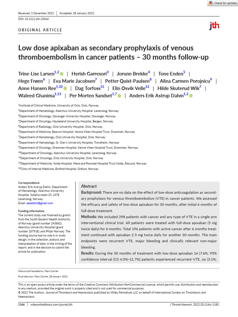 J of Thrombosis Haemost - 2022 - Larsen - Low Dose Apixaban As ...