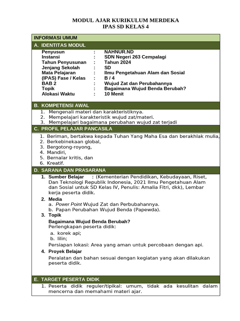 Modul Ajar Kurikulum Merdeka Ipas SD Kelas 4 | PDF
