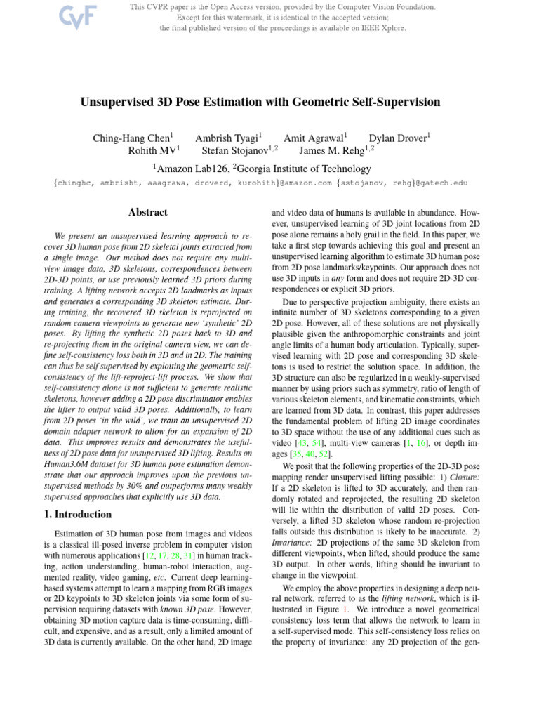 Chen Unsupervised 3D Pose Estimation With Geometric Self-Supervision CVPR 2019 Paper | PDF | 3 D ...