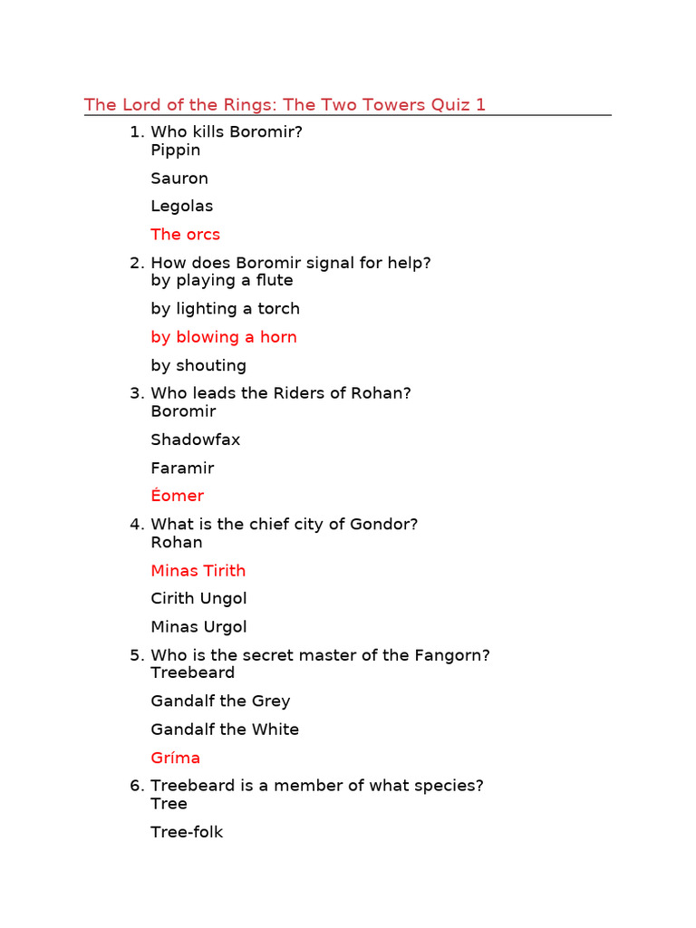 Two Towers Quiz: Key Characters & Events | PDF | The Lord Of The Rings ...