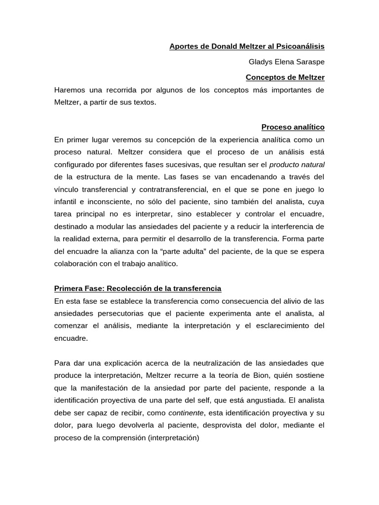 Aportes de Meltzer al Psicoanálisis | PDF | Psicoanálisis | Mente