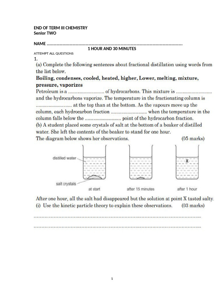 S2 Chemistry End Term 3 Exam 2023 | PDF