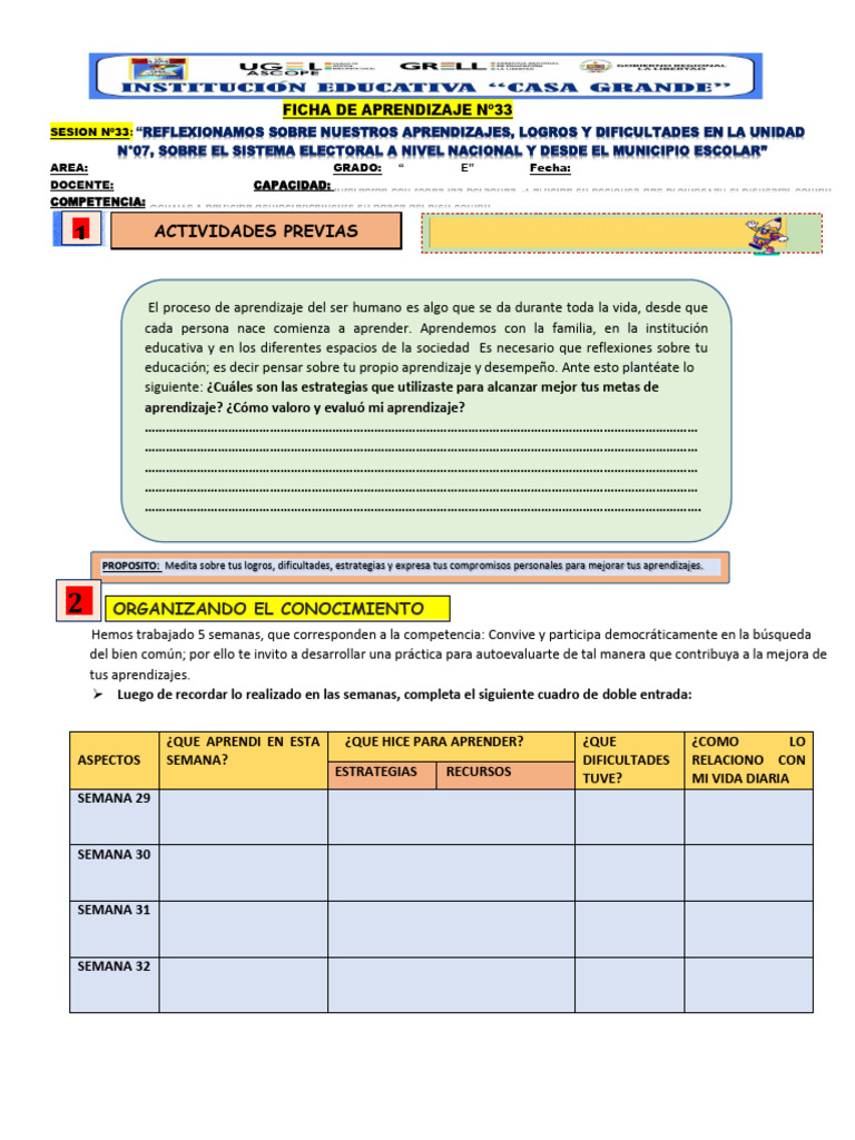Ficha de Aprendizaje Sesion Nº33, Dpcc-4º,2024 | PDF | Aprendizaje | Cognición