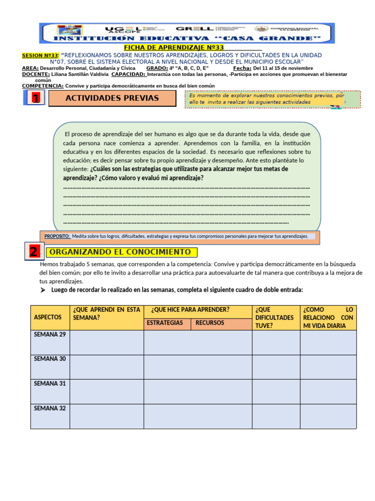 FICHA DE APRENDIZAJE SESION Nº33,DPCC-4º,2024 (1) | PDF | Aprendizaje | Cognición