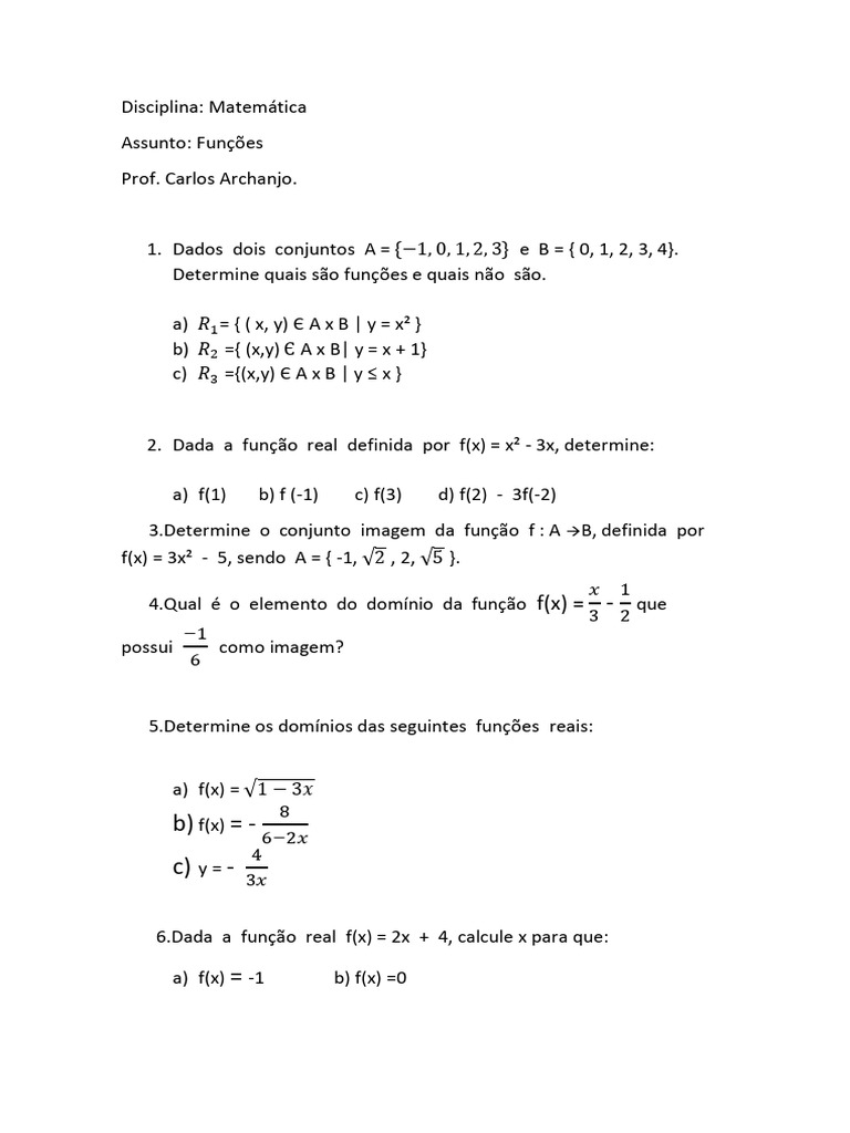 Exercícios sobre Funções Matemáticas | PDF