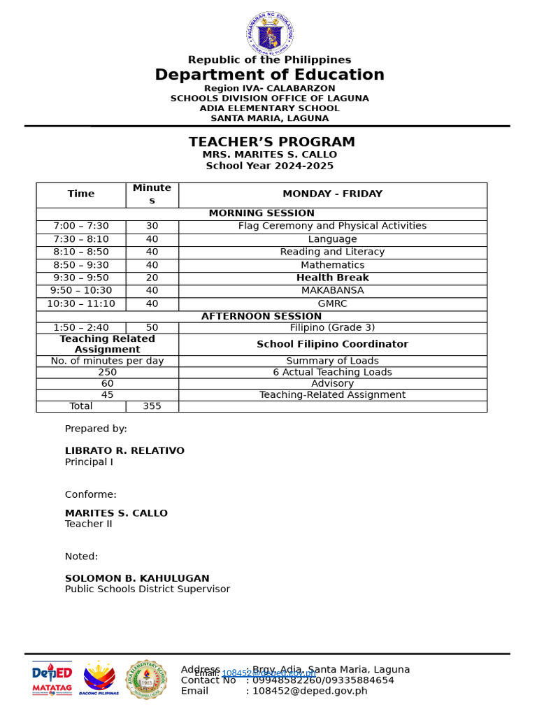 TEACHERS-PROGRAM-2024-GRADE 1 | PDF