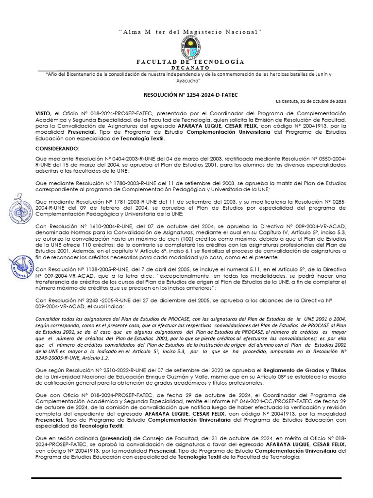 Conv - Res. N°1254-2024-D-Fatec Conv - Afaraya Luque, Cesar Felix | PDF | Textiles | Plan de ...