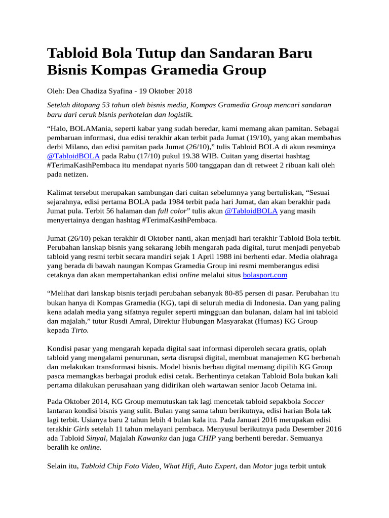 Week 10 - Tabloid Bola Tutup Dan Sandaran Baru Bisnis Kompas Gramedia Group | PDF