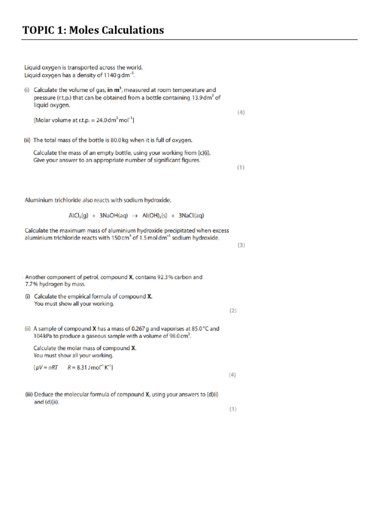 Moles Calculations and Reactions Guide | PDF