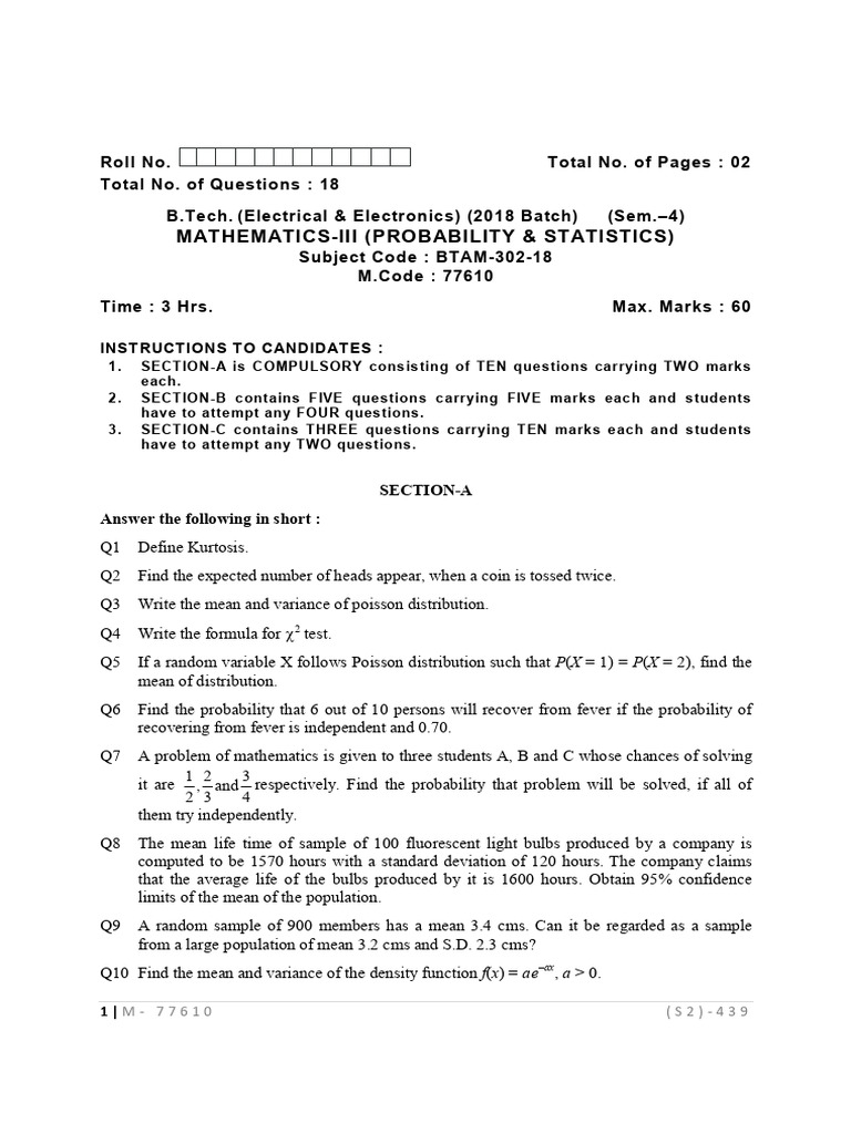 B.Tech Mathematics-III Exam Paper | PDF | Standard Deviation ...