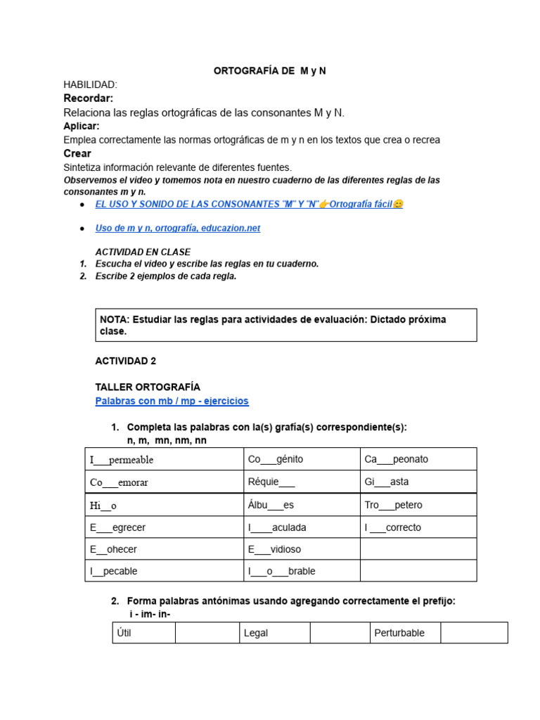 ORTOGRAFÍA DE LA M y DE LA N | PDF