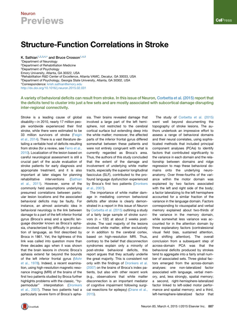 Structure-Function Correlations in Stroke | PDF | Neuroscience | Brain