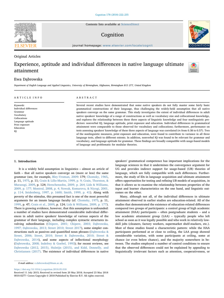 Experience, Aptitude and Individual Differences in Native Language ...