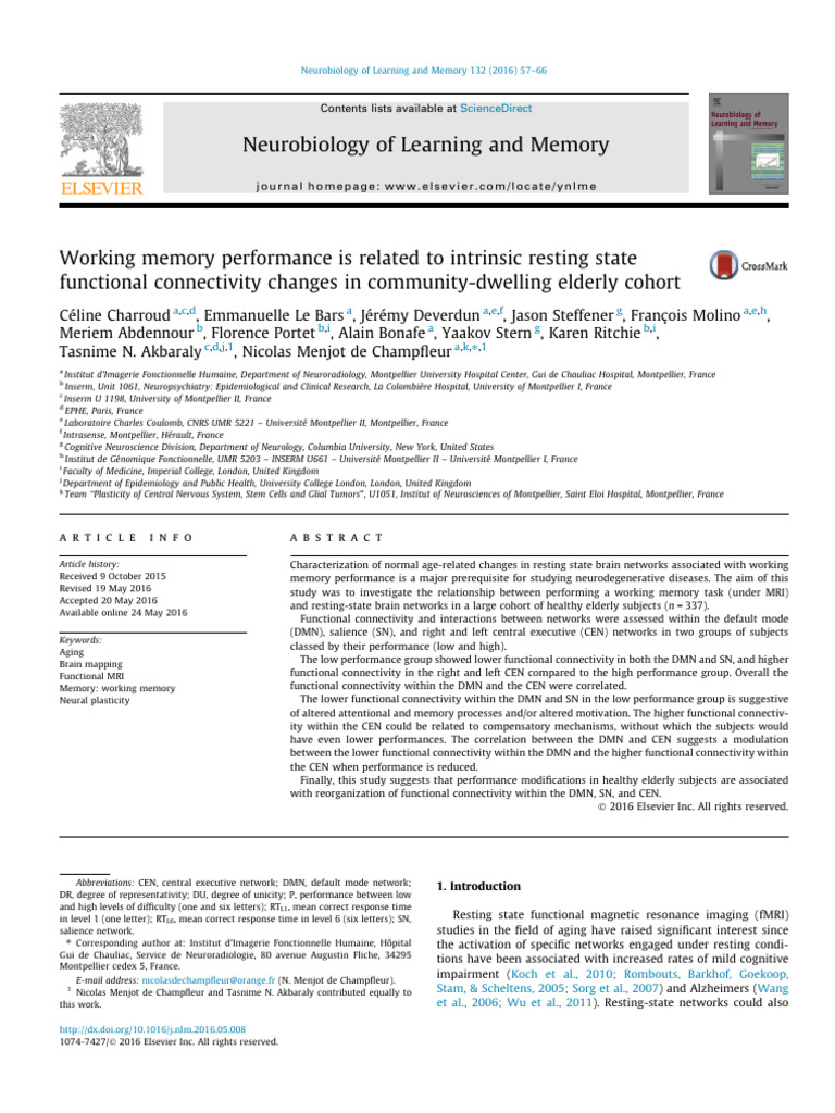 Working Memory Performance Is Related To Intrinsic Resting State Functional Connectivity Changes ...