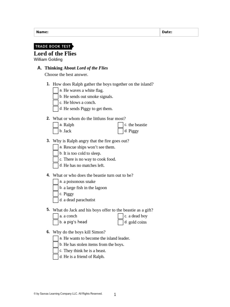 Lord of the Flies Test Questions & Analysis | PDF
