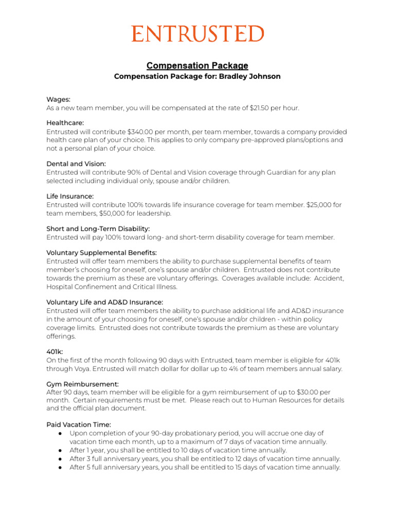 Bradley Johnson's Compensation Package | PDF | Insurance | Life Insurance