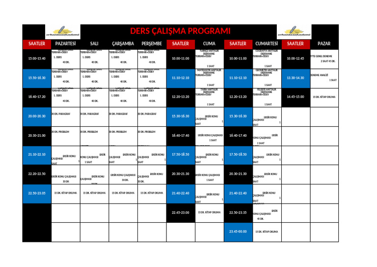 MEZUN E A Sinif Ornek Ders Calisma Programi Erhantasakademi | PDF