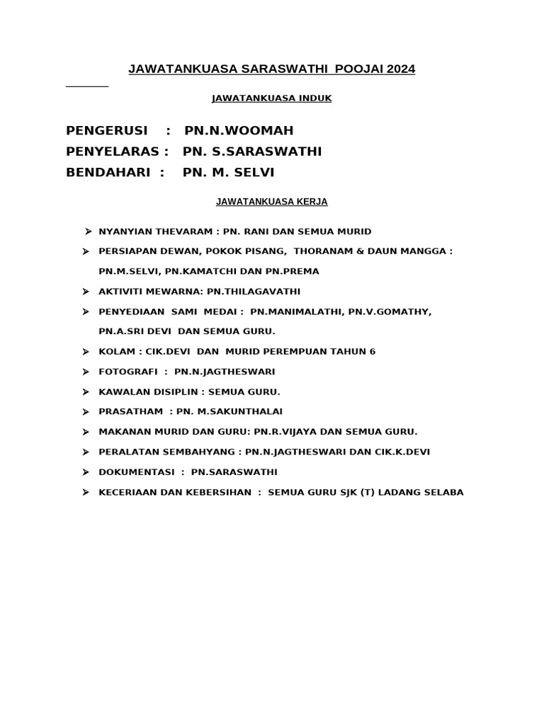 Jawatankuasa Saraswathi Poojai 2024 | PDF
