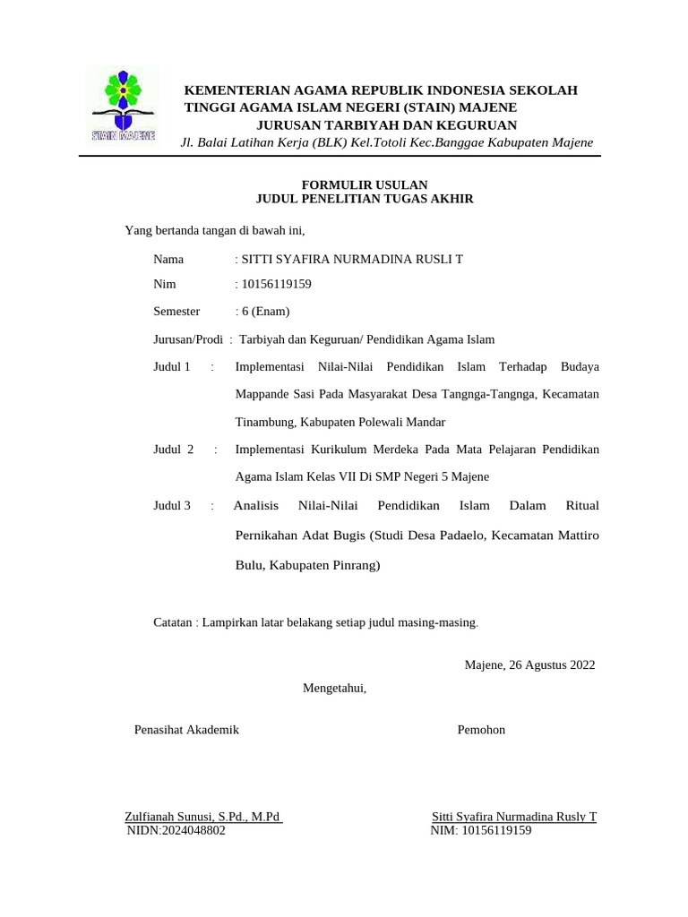 Formulir Usulan Judul Penelitian Angkatan 2019 | PDF