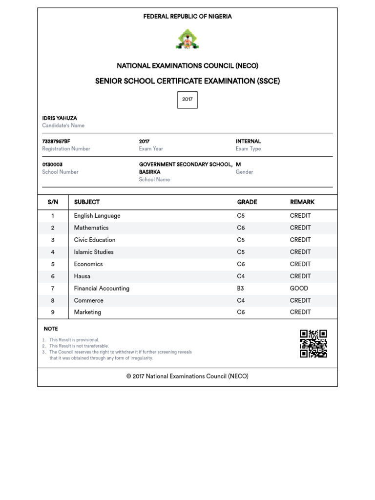 NECO Results Portal | PDF