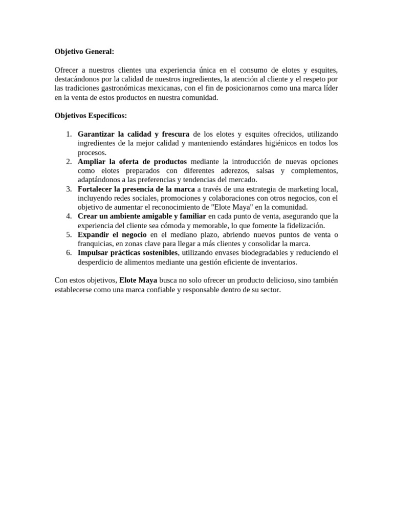 Objetivo General & Especifico Elote Maya | PDF