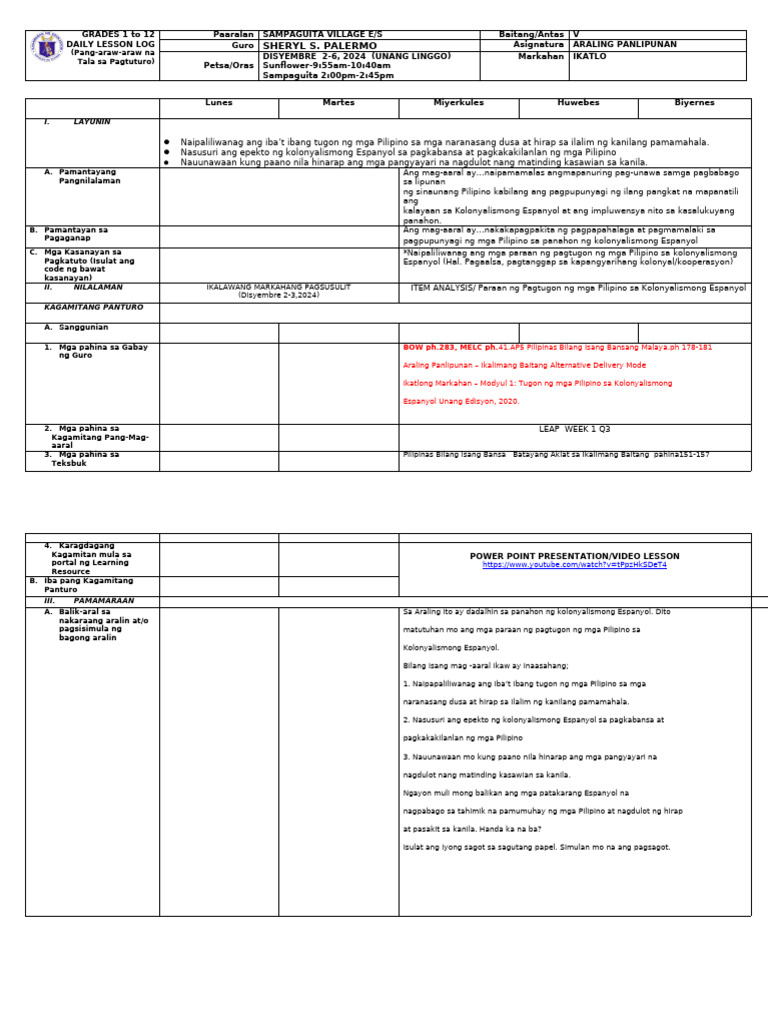 Grade 5 DLL AP 5 q3 Week 1 | PDF