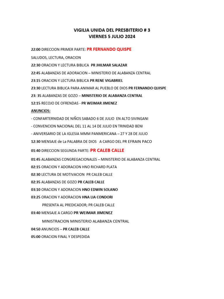 Programa Vigilia Julio 2024 | PDF