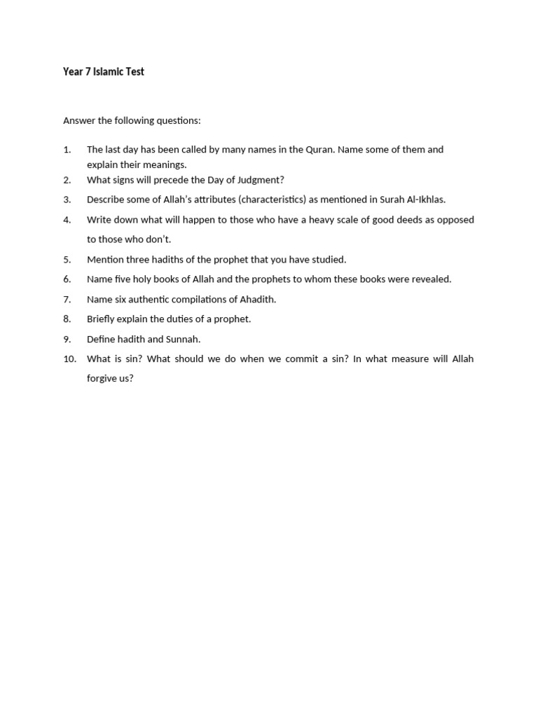 Year 7 Islamic Test Feb 2020 | PDF
