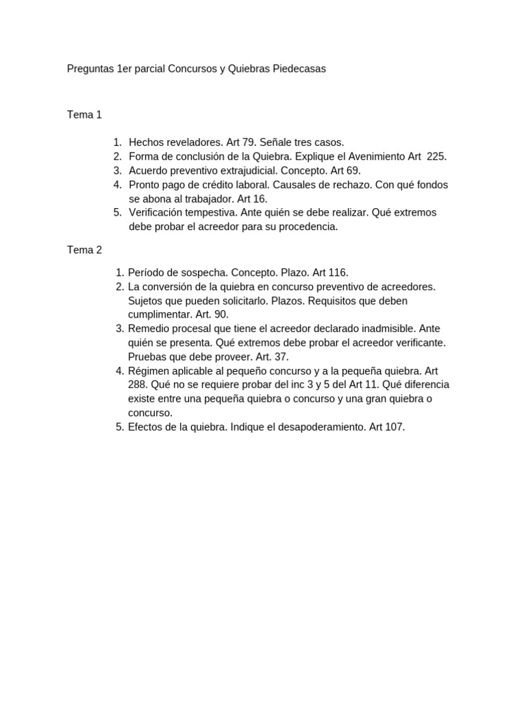 Preguntas 1er parcial Concursos y Quiebras Piedecasas | PDF